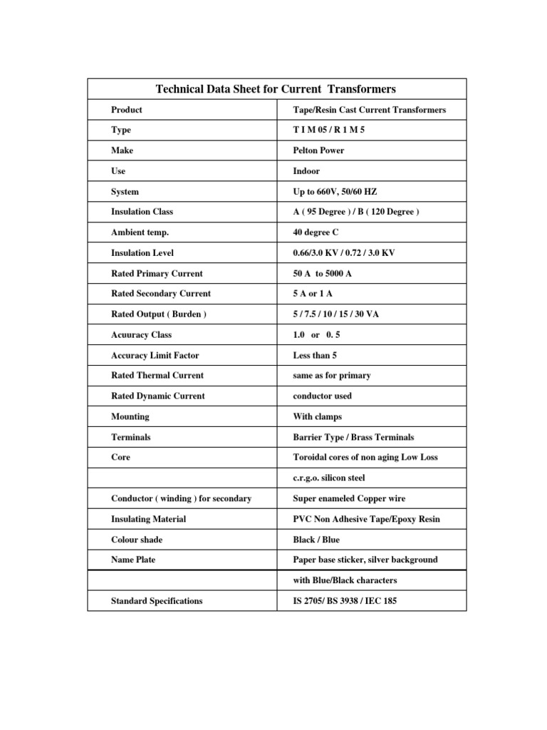 Current Transformer Technical Data Sheet | PDF