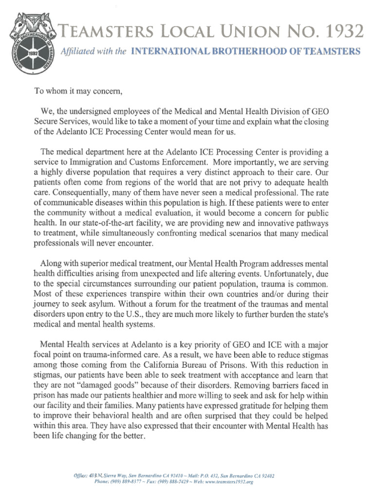 Teamsters Local Union No. 1932 Open Congressional Letter | PDF