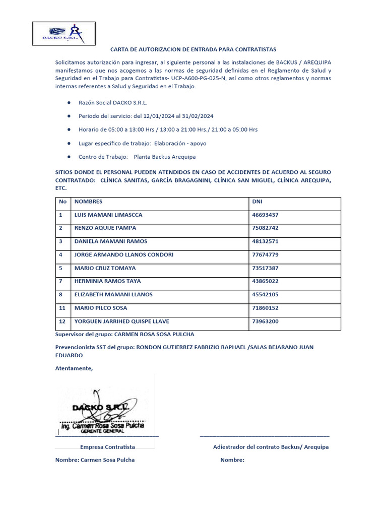 CARTA DE AUTORIZACION DE ENTRADA PARA CONTRATISTAS SULLO | PDF
