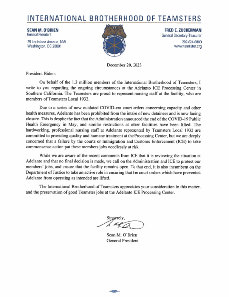 Teamsters President Sean O'Brien Letter To President Joe Biden | PDF