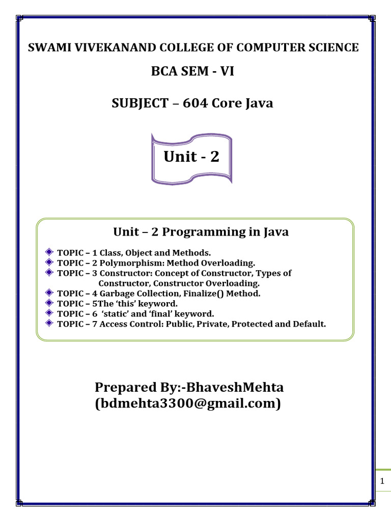 Core Java Unit 2 | PDF | Programming | Constructor (Object Oriented ...