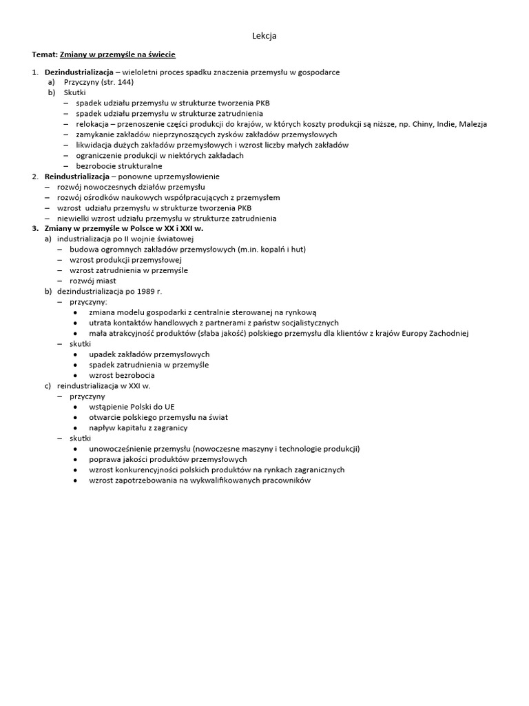 Notatka - Zmiany W Przemyśle | PDF