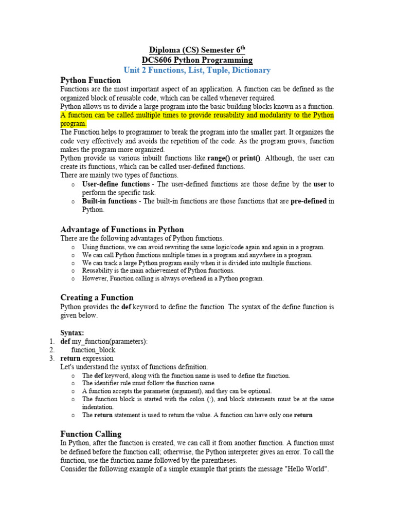 Unit 2 Python Programming Diploma-1 | Download Free PDF | Anonymous Function | Parameter ...