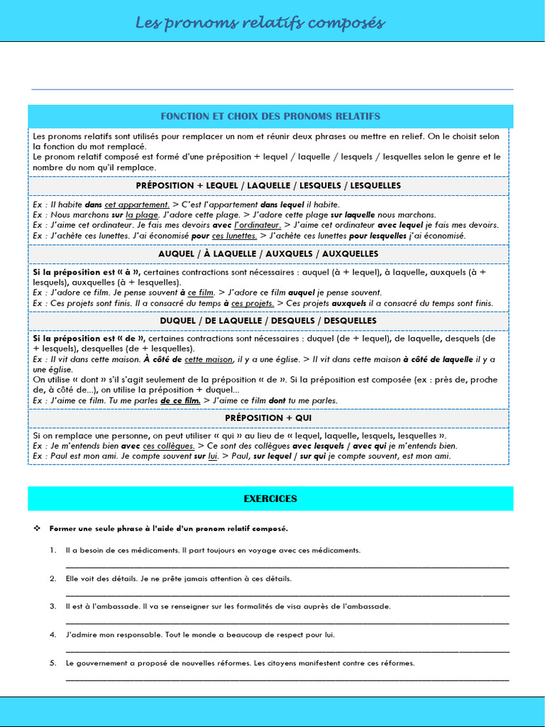 Pronoms Relatifs Composes | PDF | Pronom | Adposition