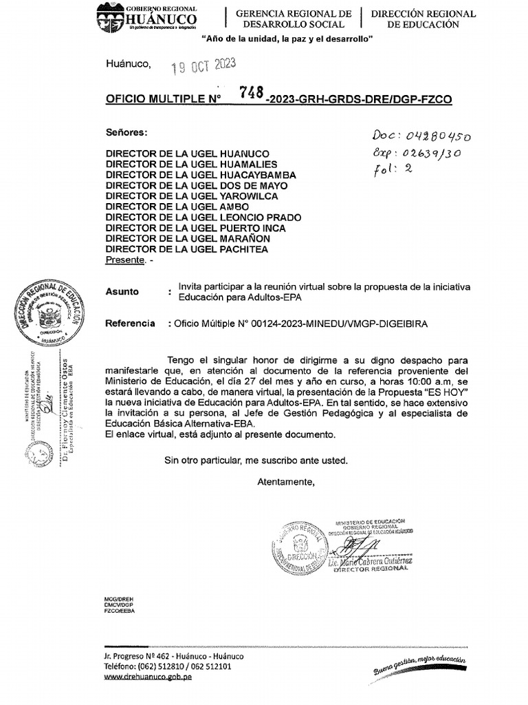 OFICIO MULTIPLE 748-2023-GRH-GRDS-DRE-DGP-FZCO - PDF OK | PDF