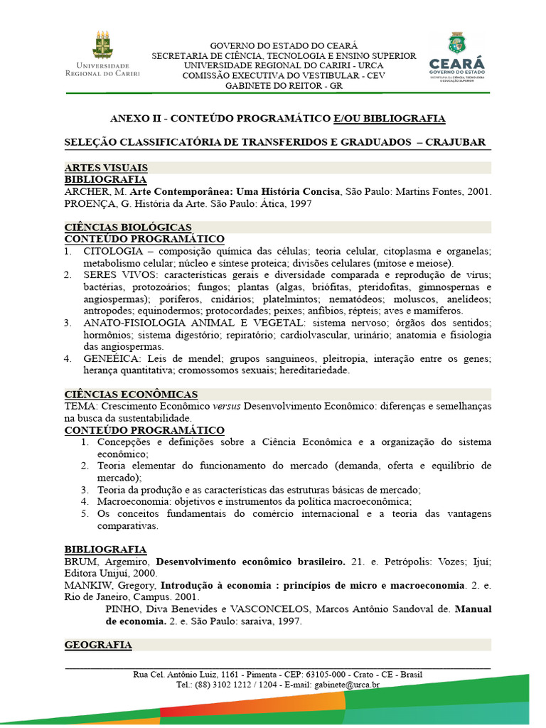 Conteúdo Programático URCA Vestibular | PDF | Célula (Biologia ...