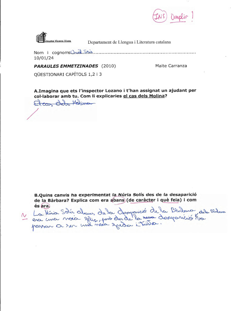 Prova Lectura Cap.1,2,3 Oriol Sais | PDF