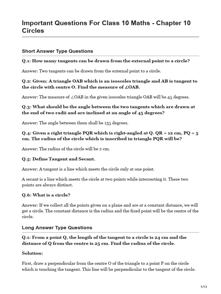 Class 10 Chapter 10 Maths Important Question | PDF | Circle | Perpendicular