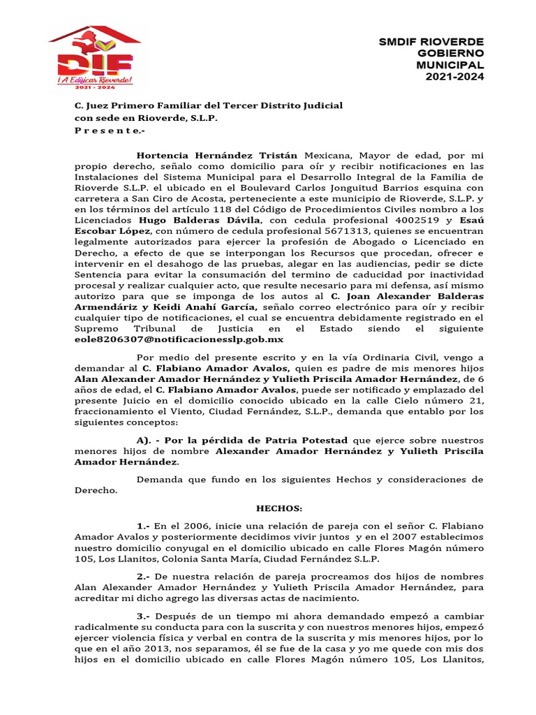 Demanda de Perdida de La Patria Potestad Hortencia Hernandez Tristan Vs ... Demanda de Perdida de La Patria Potestad Hortencia Hernandez Tristan Vs ...