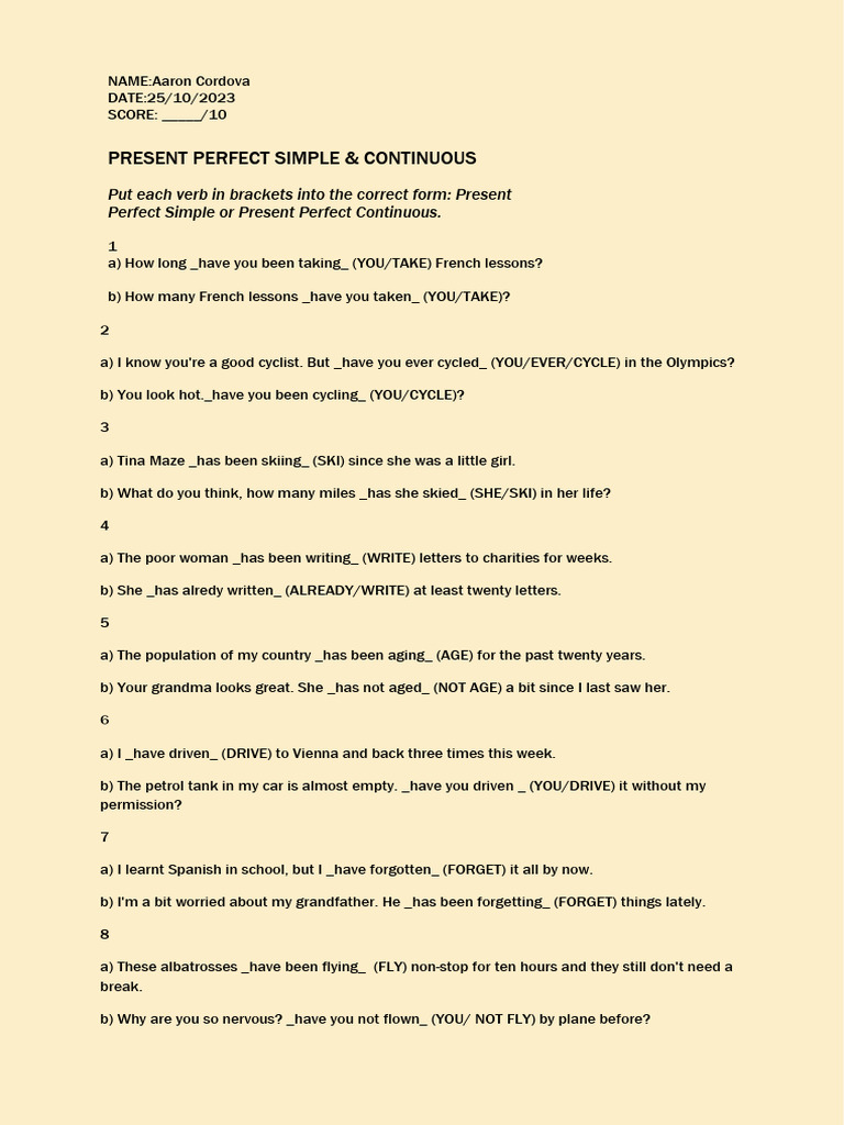 Present Perfect Simple and Continuous-Worksheet | PDF