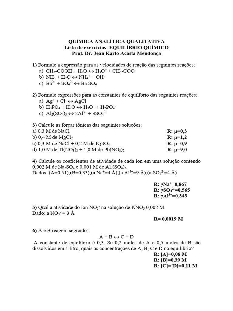 Lista Exerc Equilibrio Quimico | Download grátis PDF | Equilíbrio químico | Ramos da Termodinâmica