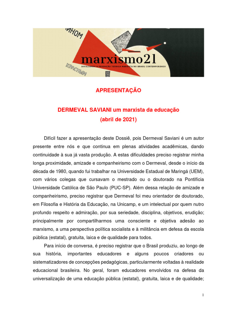 DOSSIÊ - DERMEVAL SAVIANI 2021 | PDF | Pedagogia | Marxismo