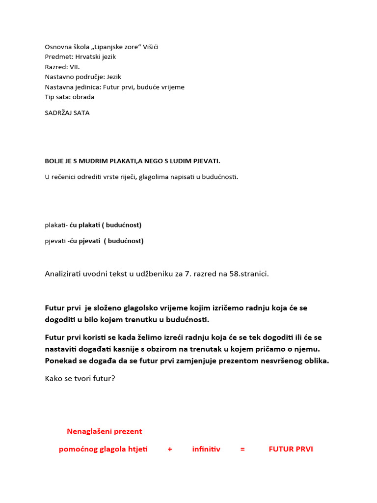 Futur Prvi, Obrada | PDF