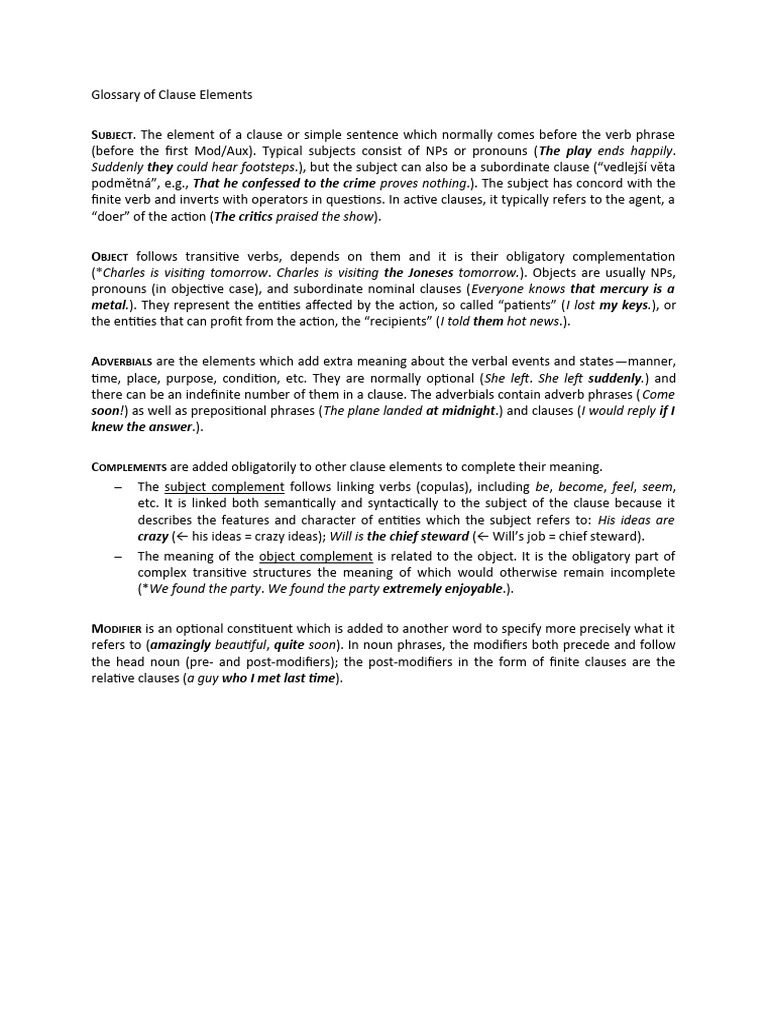Glossary of Clause Elements | Download Free PDF | Clause | Subject ...