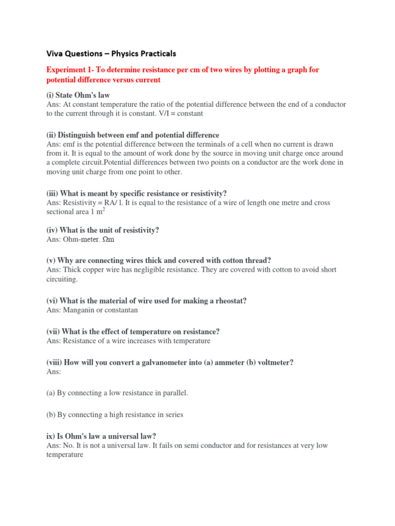 Most Expected Viva Questions - Physics Practicals | PDF | Refractive ...