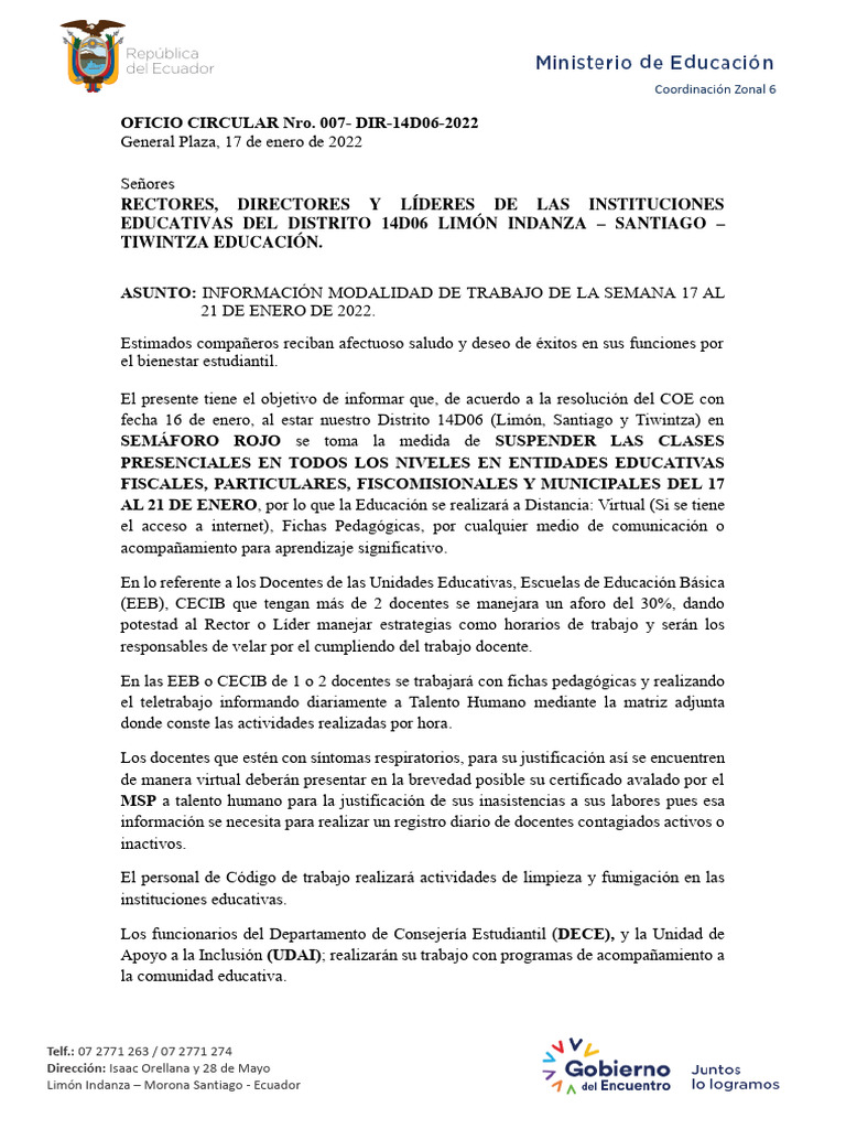 Oficio Circular #007-Dir - 2022 | PDF