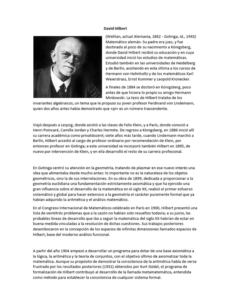 Aportaciones de David Hilbert en Matemáticas | PDF | Aritmética | Science