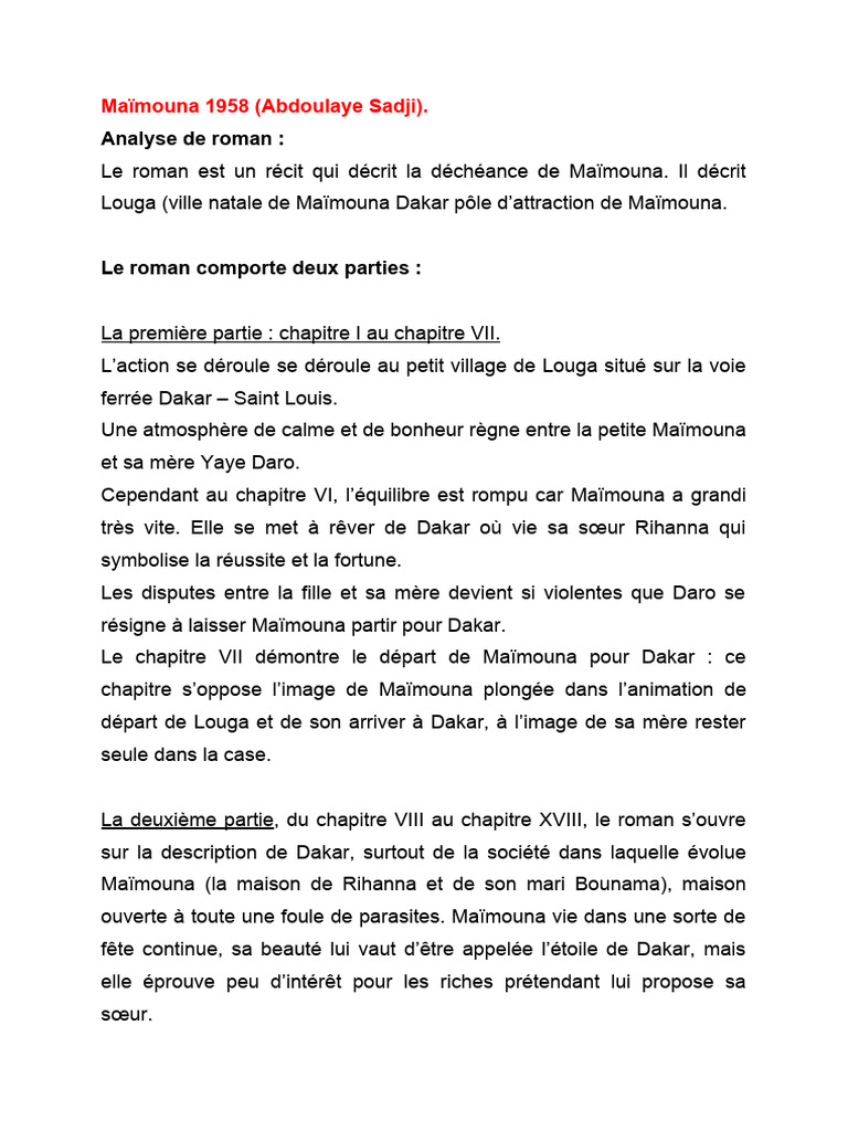 Résumé du roman Maïmouna d'Abdoulaye Sadji | PDF