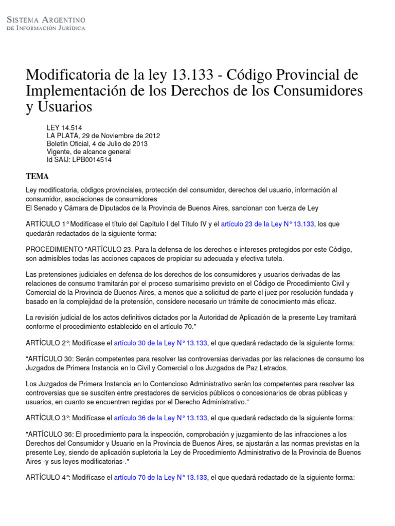 Modificatoria de La Ley 13.133 - Código Provincial de Implementación de Los Derechos de Los ...