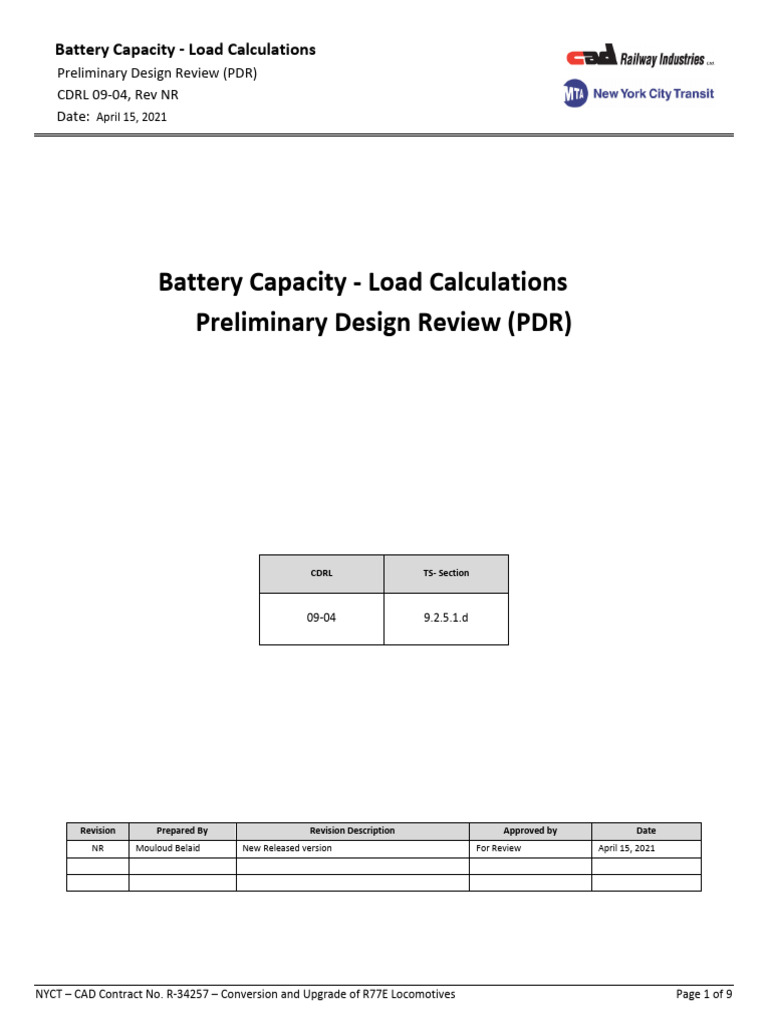 NYCT - CDRL 09-04 - Battery Capacity - Load Calculations (PDR) NR 2021 ...