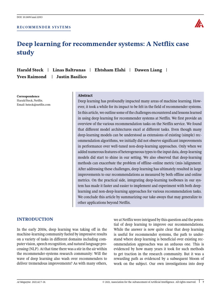 AI Magazine - 2021 - Steck - Deep learning for recommender systems A Netflix case study | PDF ...