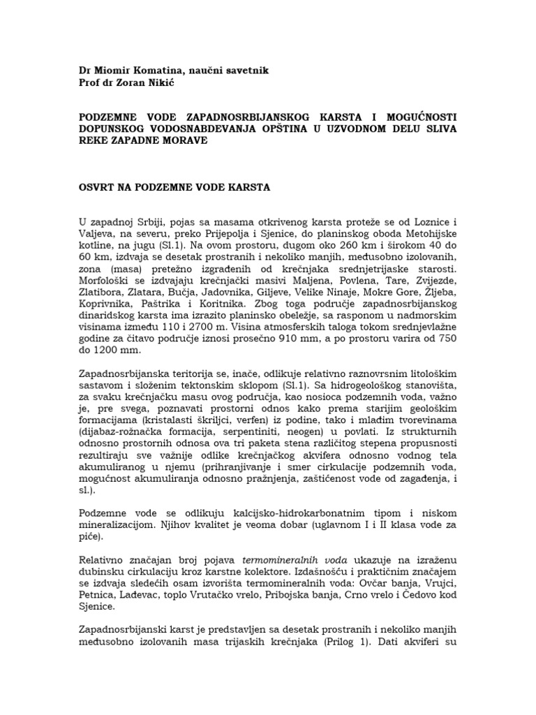 Podzemne Vode Zapadnosrbijanskog Karsta | PDF