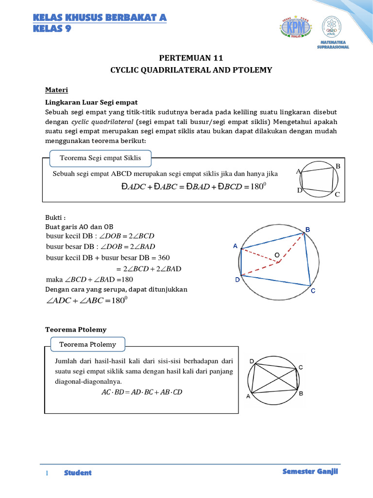 Materi 1-Berbakat A09-MTK-Pertemuan 11 - Cyclic Quadrilateral An Ptolemy-1695190578 | PDF
