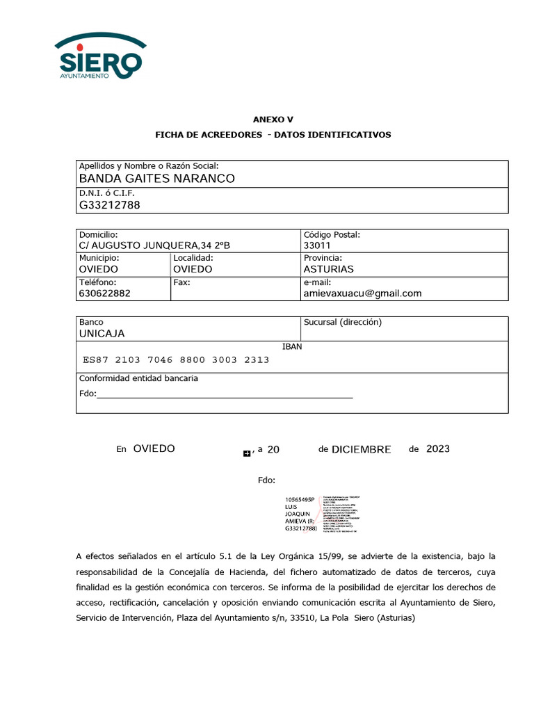 Modelo Ficha de Acreedores Ayto Siero Pdte de Firmar Por Banco | PDF