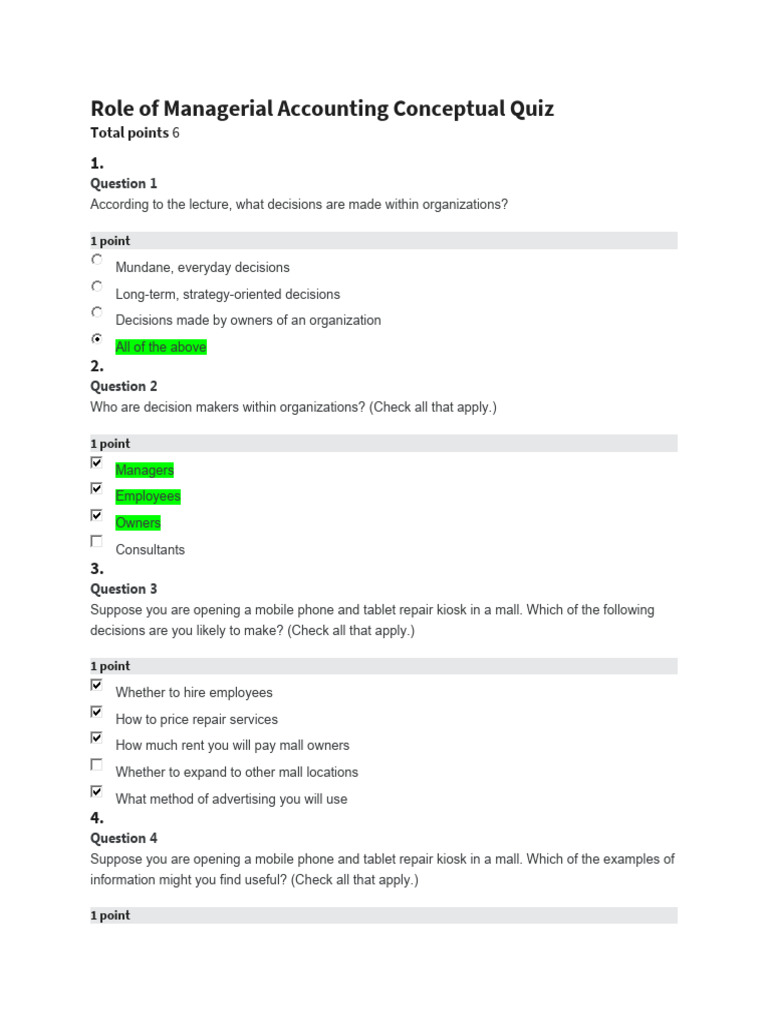 Coursera - Role of Managerial Accounting Conceptual Quiz | PDF