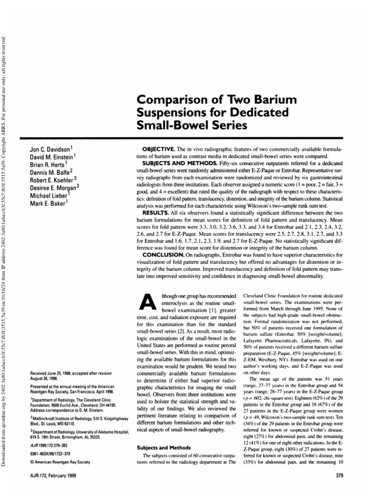 Davidson Et Al 2013 Comparison of Two Barium Suspensions For Dedicated Small Bowel Series | PDF ...