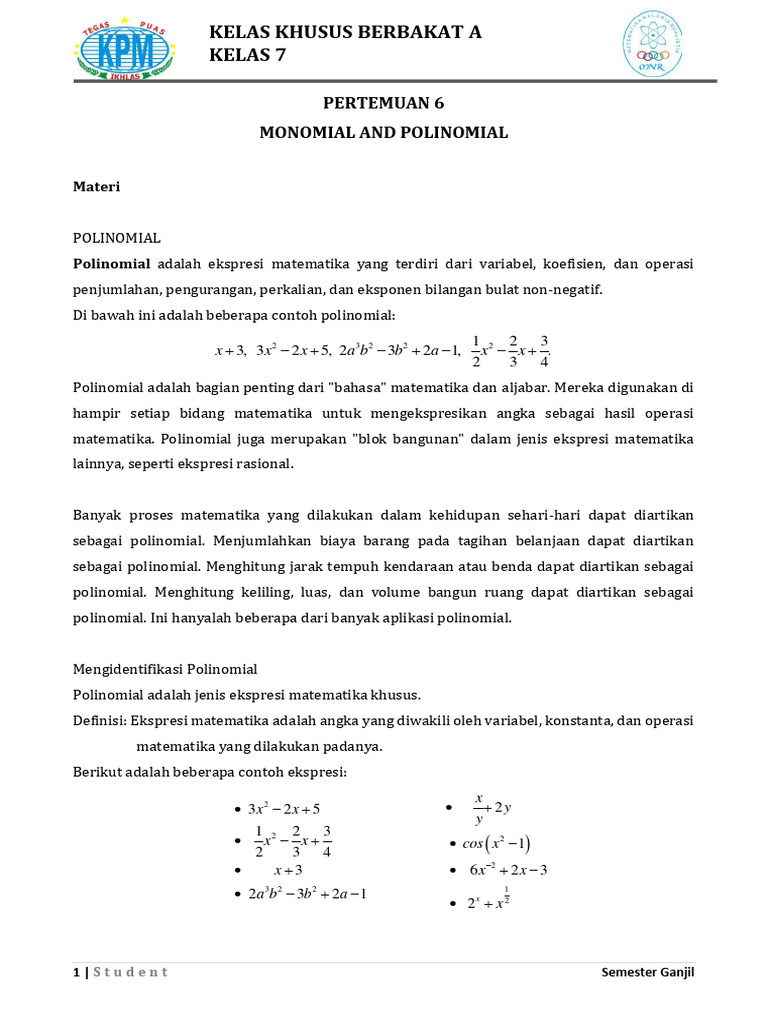 Materi 1-Berbakat A07-MTK-Monomial Dan Polinomial | PDF | Metode & Bahan Ajar