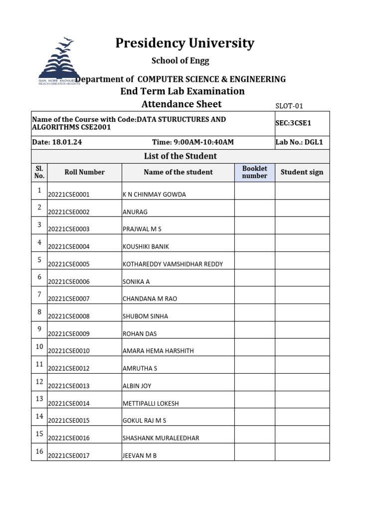 Cse2001 Dsa End Term Attn Sheet | Download Free PDF | Computer Science | Computing