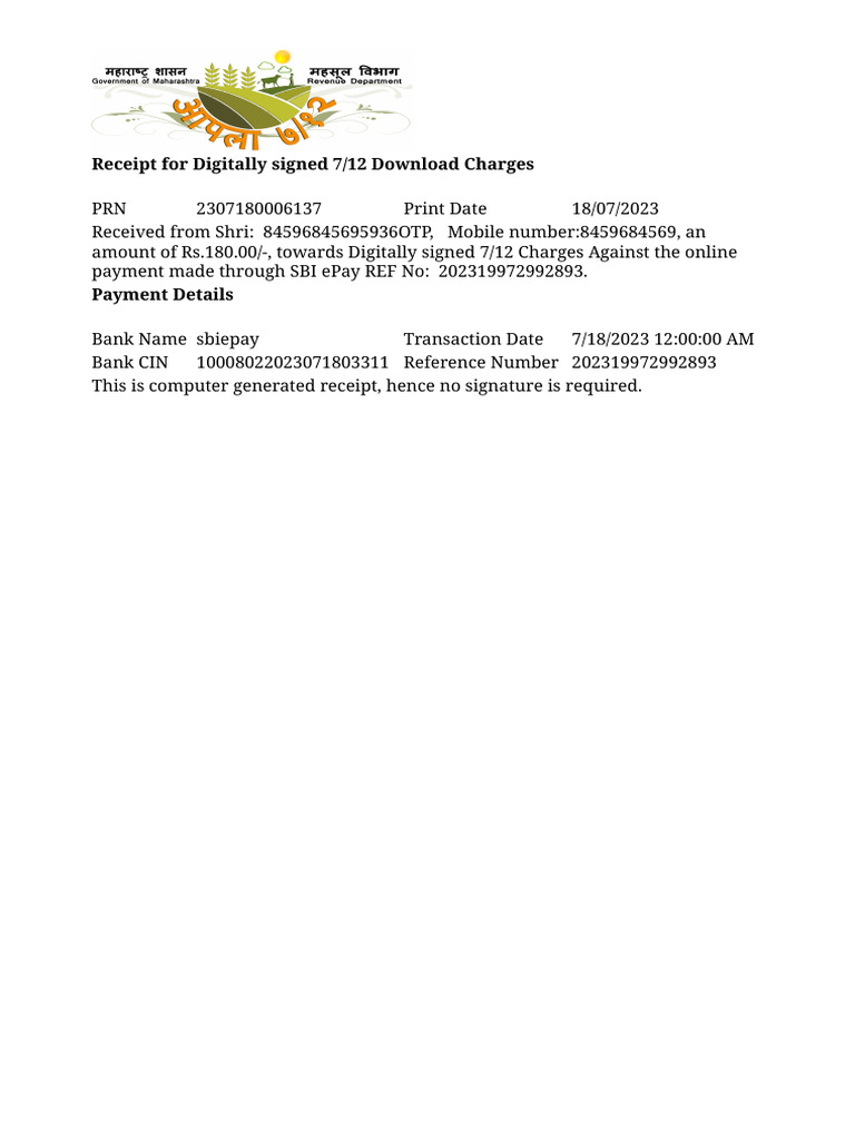 Receipt for 7/12 Digital Signature Fee | PDF