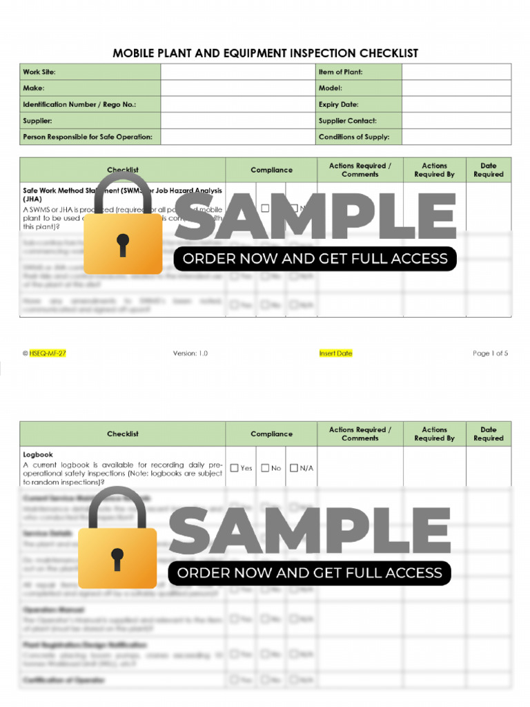 HSEQ MF 27 Mobile Plant Inspection Checklist Sample | PDF HSEQ MF 27 Mobile Plant Inspection Checklist Sample | PDF