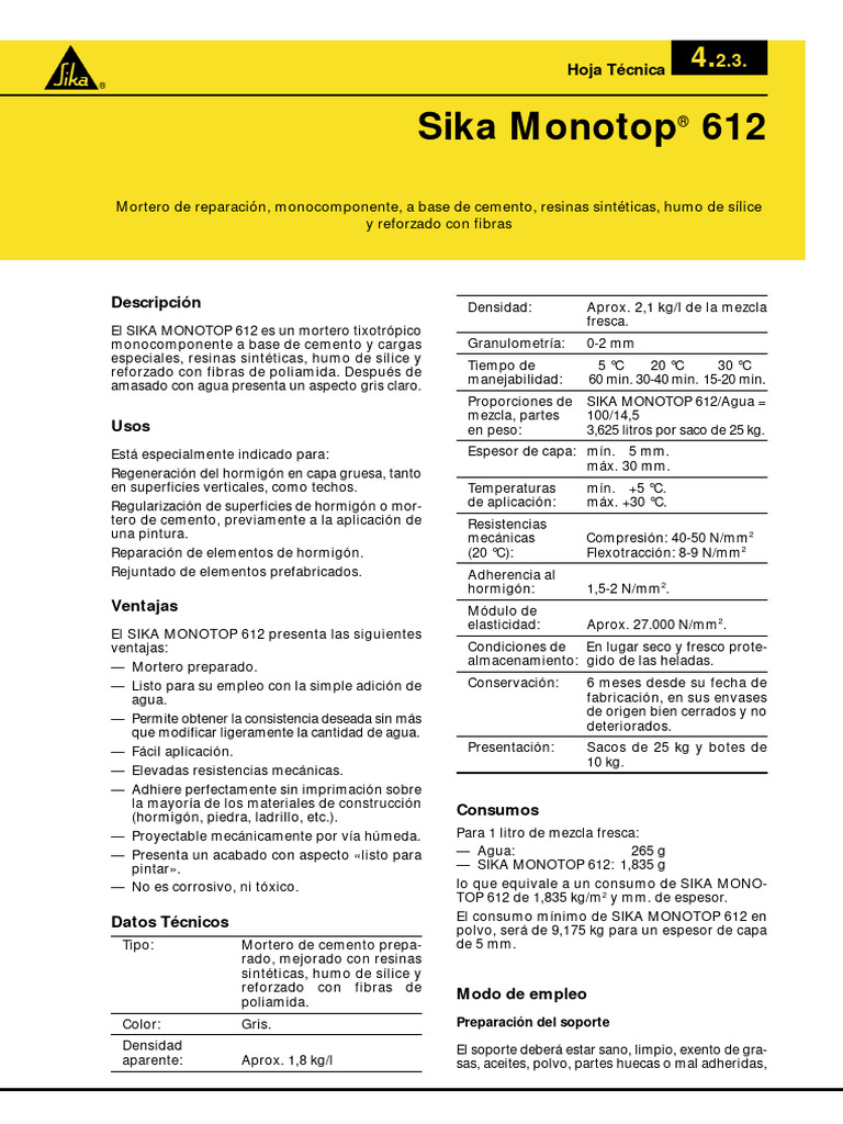 Sika Monotop 612 | PDF | Hormigón | Cemento
