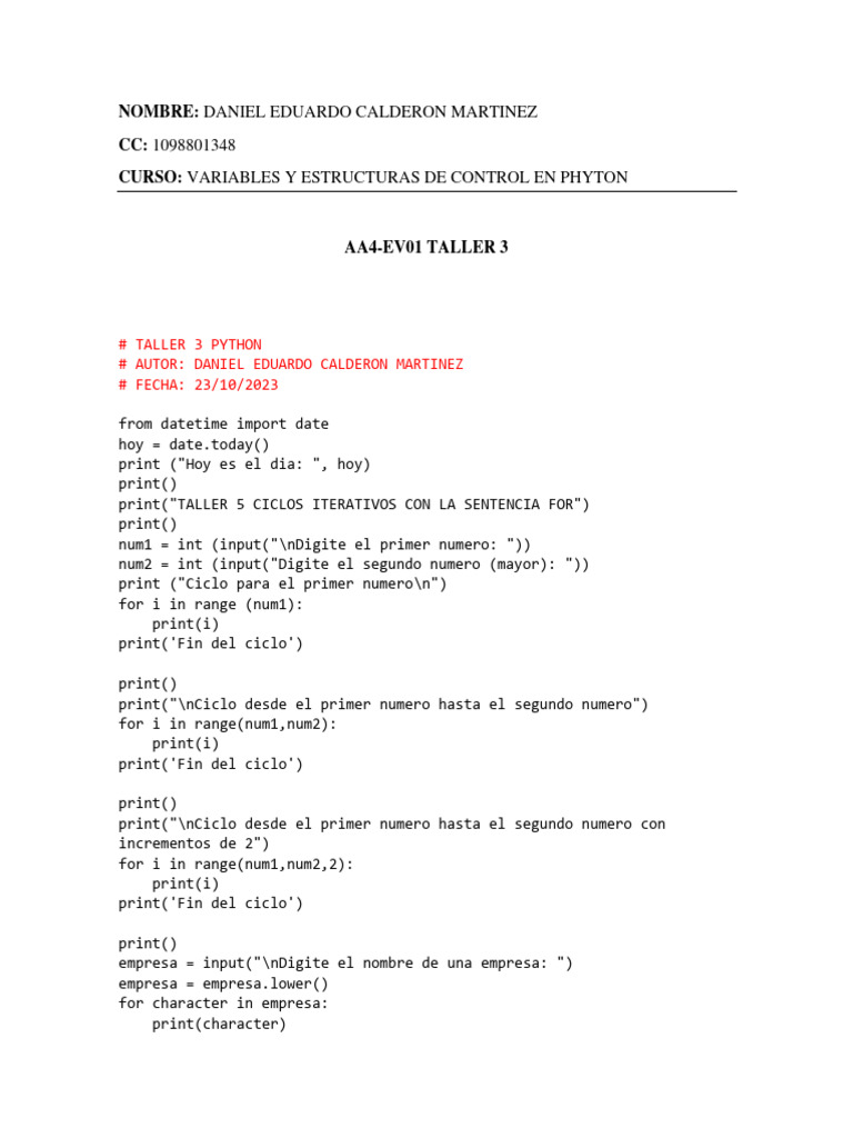 Ciclos For en Python: Taller 3 | PDF