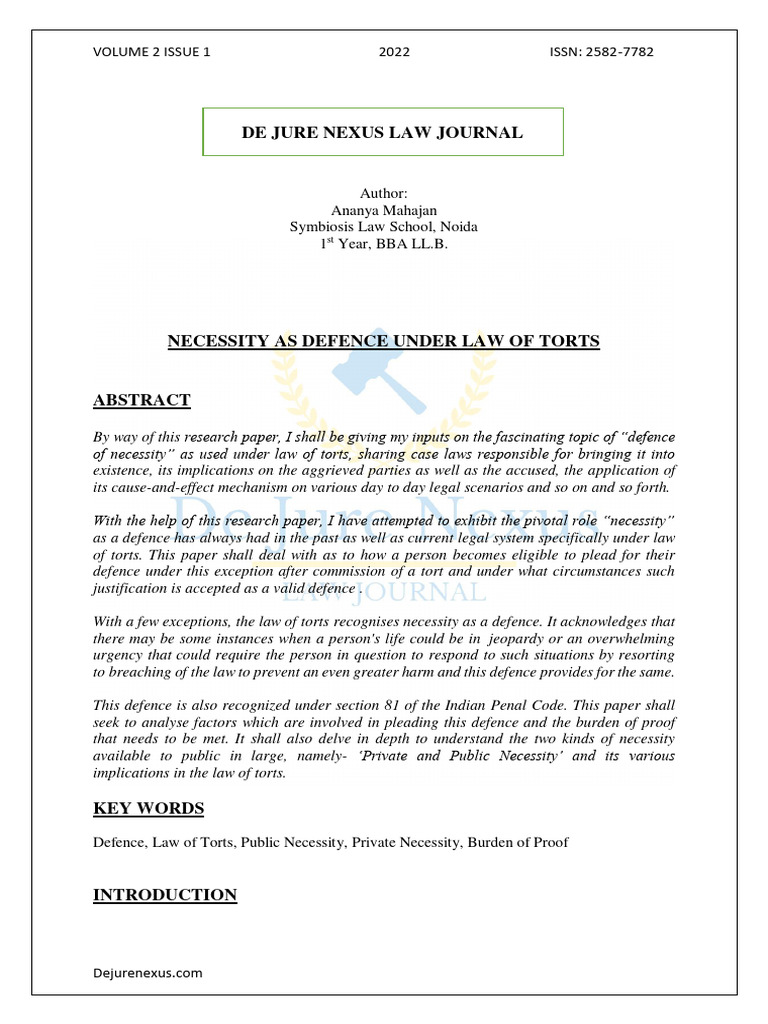 Necessity As A Defence Under Law of Torts by Ananya Mahajan | PDF ...