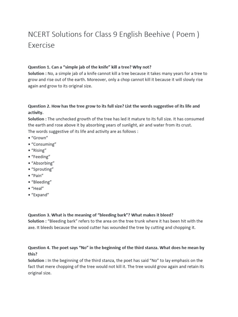NCERT Solutions For Class 9 English Beehive (Poem) Exercis | PDF ...