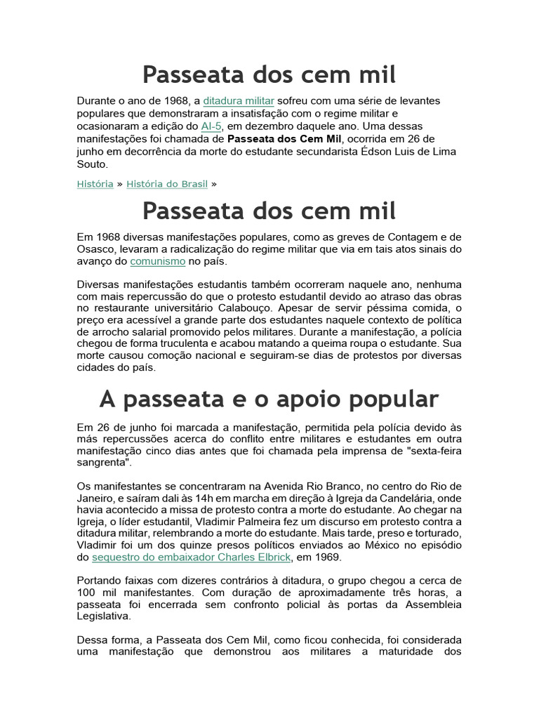 Passeata dos Cem Mil: Protesto em 1968 | PDF | Brasil