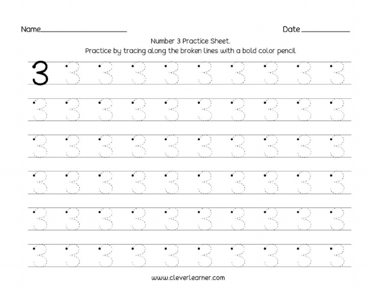 Number Three Practice Worksheet Basic | PDF