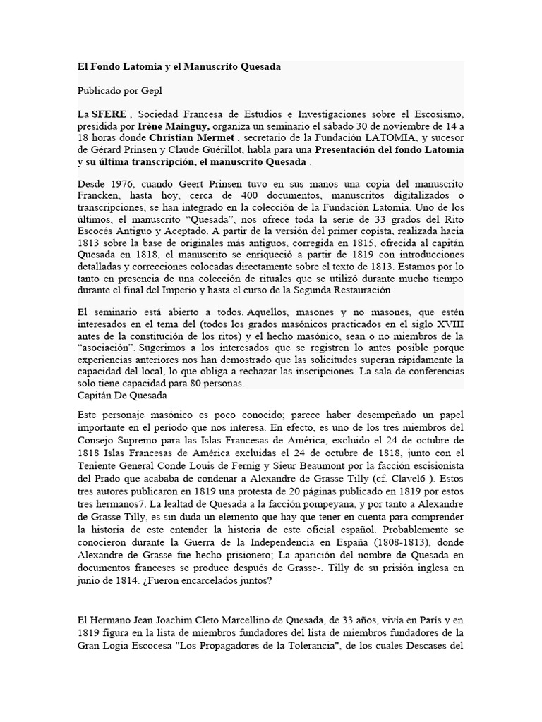 El Fondo Latomia y El Manuscrito Quesada | PDF | Masonería