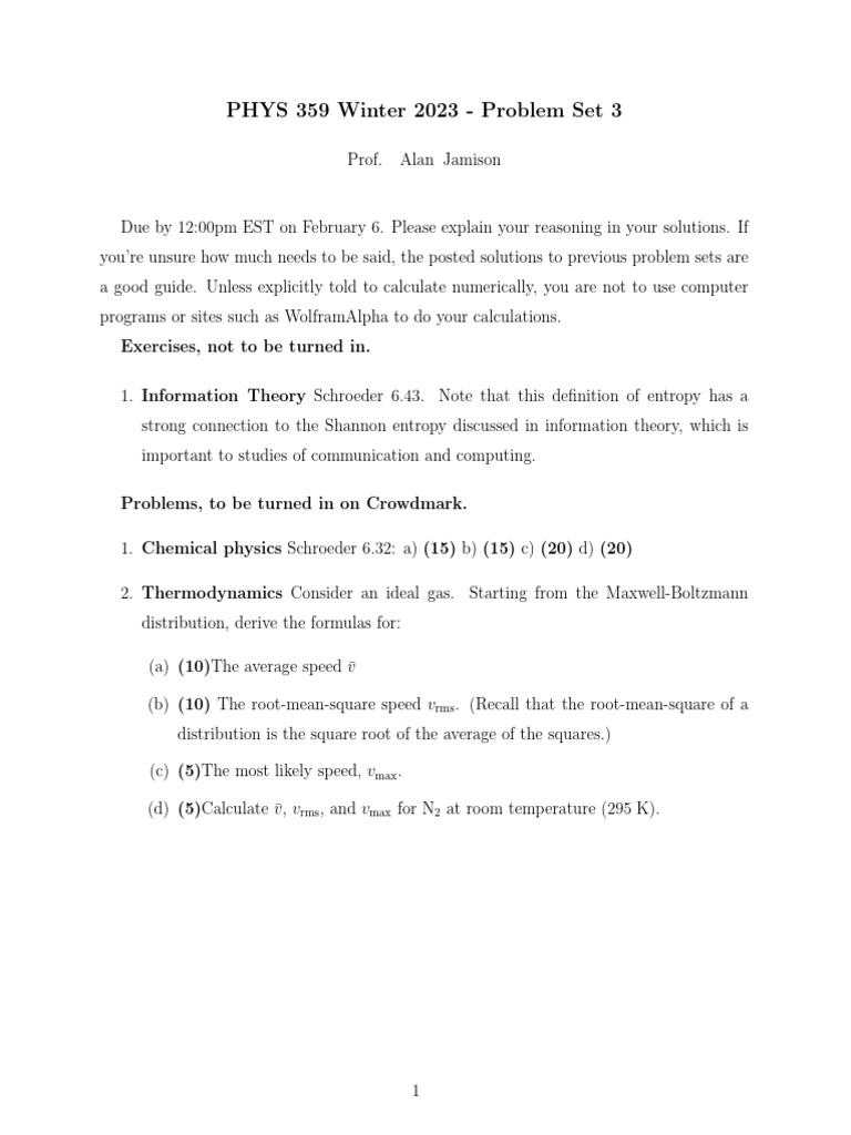 PHYS 359 Problem Set 3 - Winter 2023 | PDF | Teaching Methods & Materials