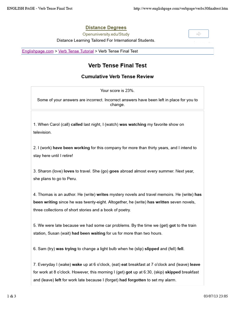 ENGLISH PAGE - Verb Tense Final Test | PDF