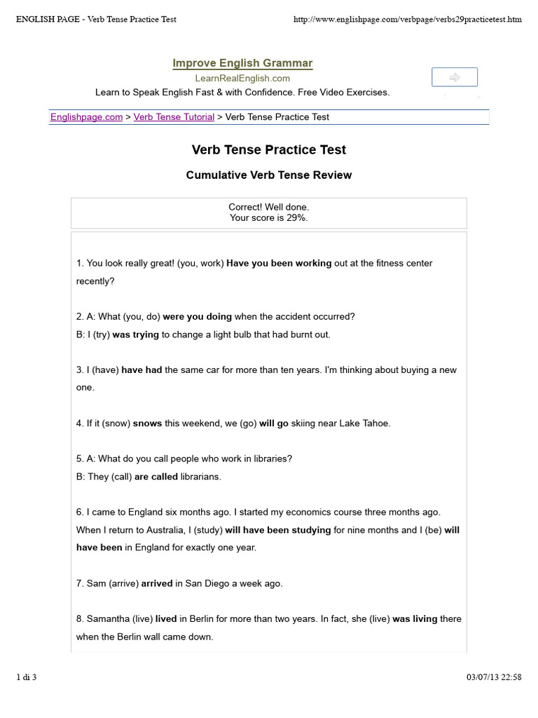 ENGLISH PAGE - Verb Tense Practice Test | PDF