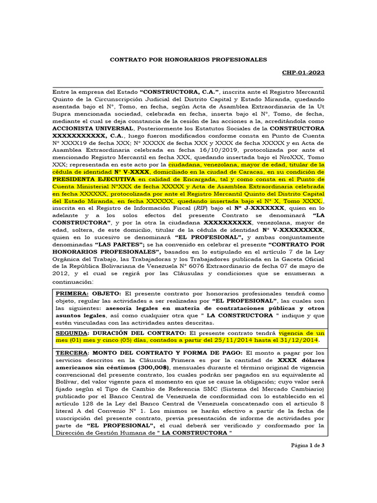 Contrato Honorarios Constructora 2014 | PDF