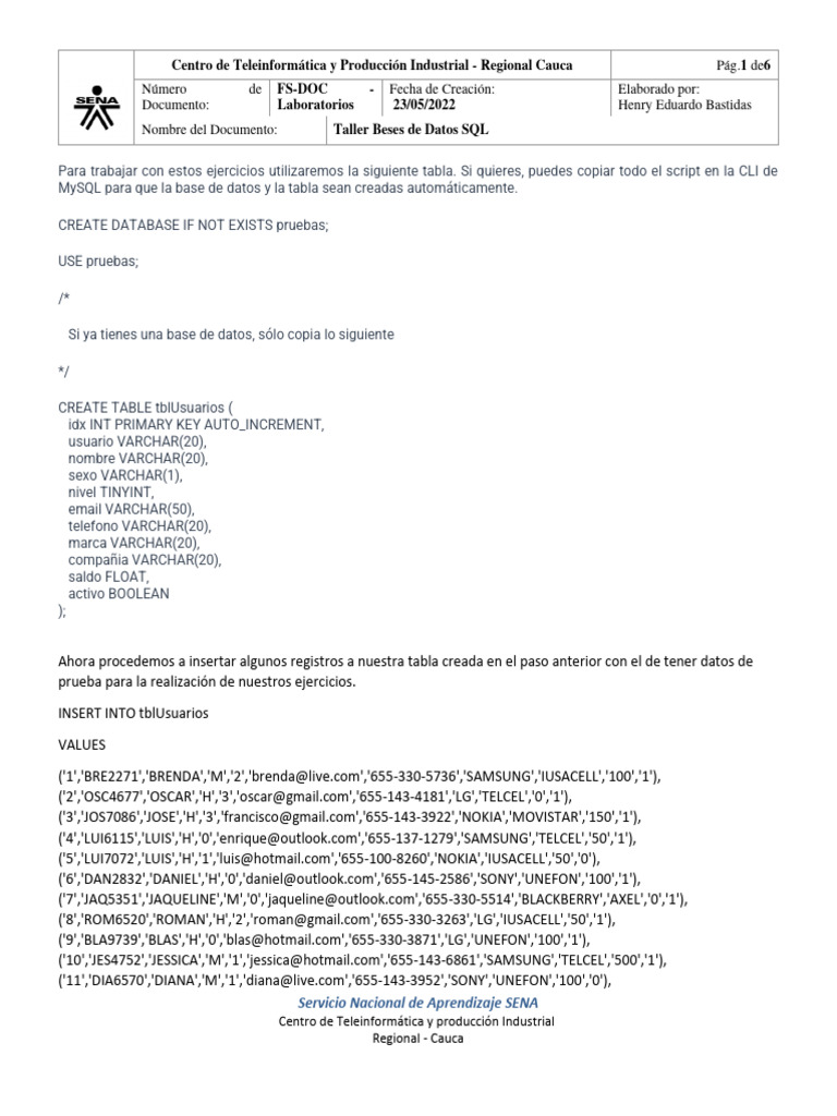 Taller SQL | PDF | SQL
