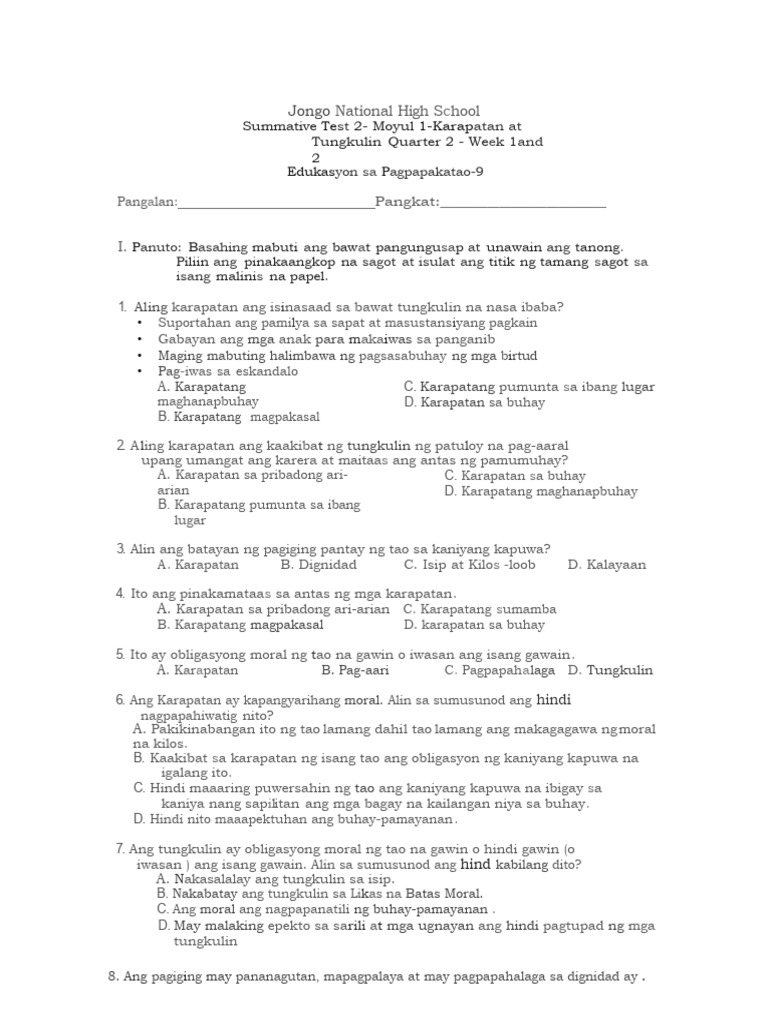 ESP 9 Test Questions | PDF