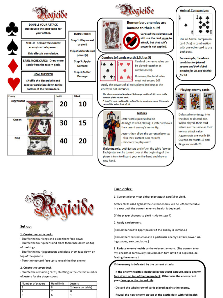Regicide - 1 Page Reference Guide | Download Free PDF | Playing Cards | Sports