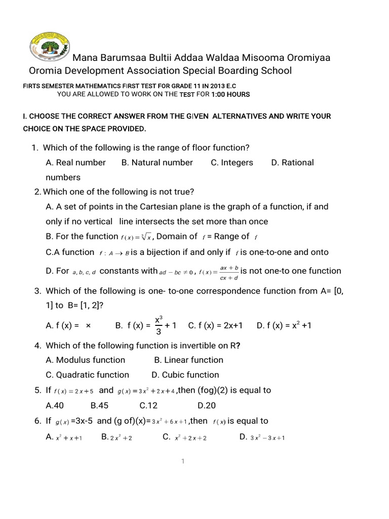 Grade-11-Unit-One Maths Practice Question | PDF | Function (Mathematics ...