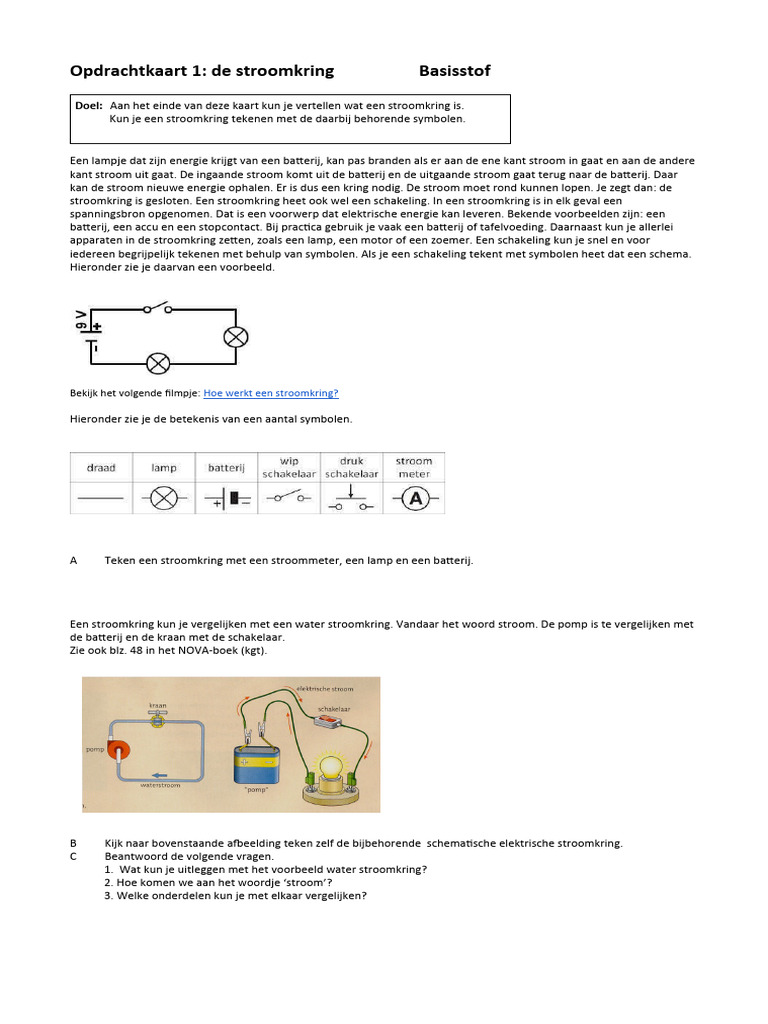 Opdrachtkaart 1: de Stroomkring Basisstof: Doel: Aan Het Einde Van Deze Kaart Kun Je Vertellen ...